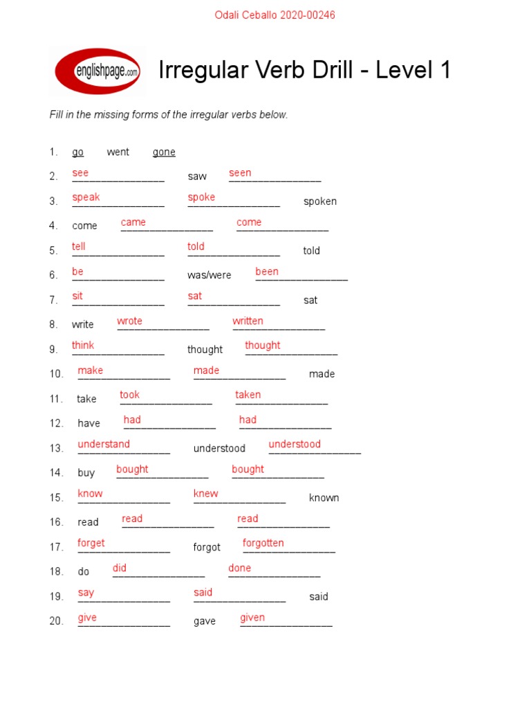 Irregular Verbs Drill 1 | PDF | Grammar | Linguistic Morphology