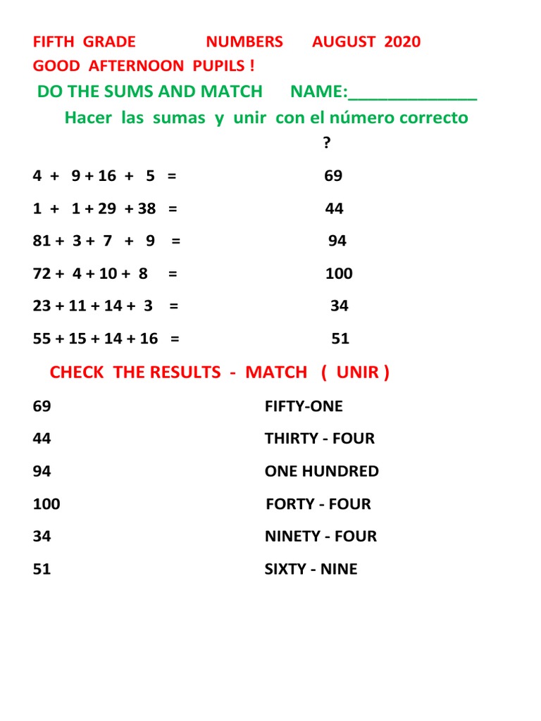 Do The Sums and Match Name: - Hacer Las Sumas y Unir Con El Número ...