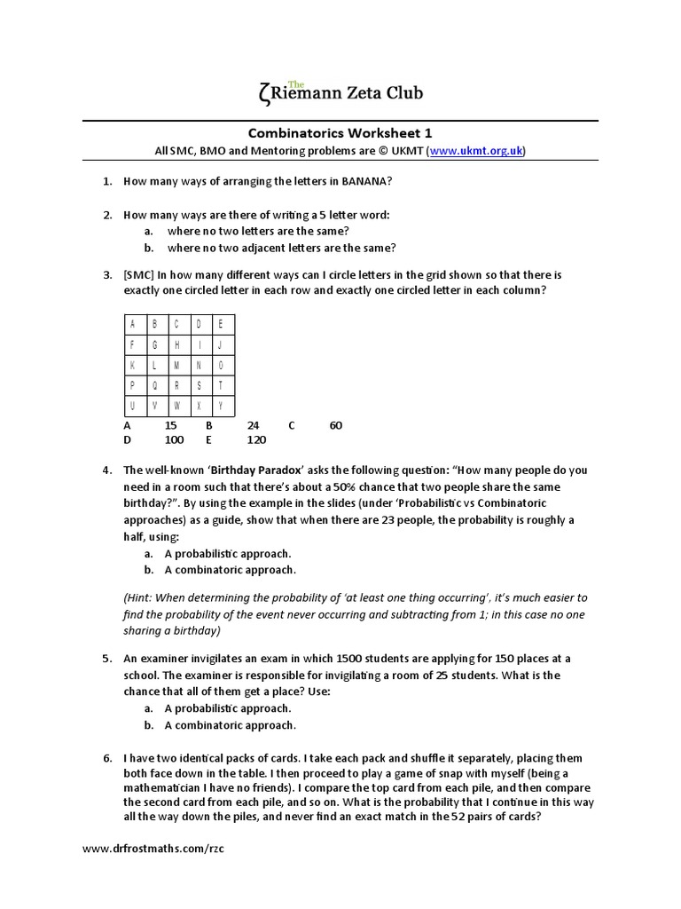 RZC Combinatorics Worksheet1 | PDF