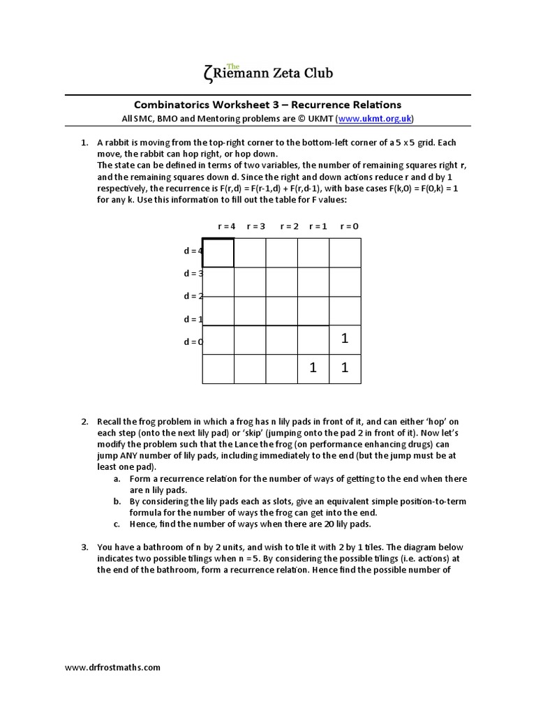 Combinatorics Worksheet 3 - Recurrence Relations | PDF | Recurrence Relation | Numbers