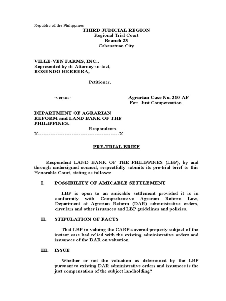 Mandatory Conference Brief Sample2 | PDF | Real Estate Appraisal | Trials