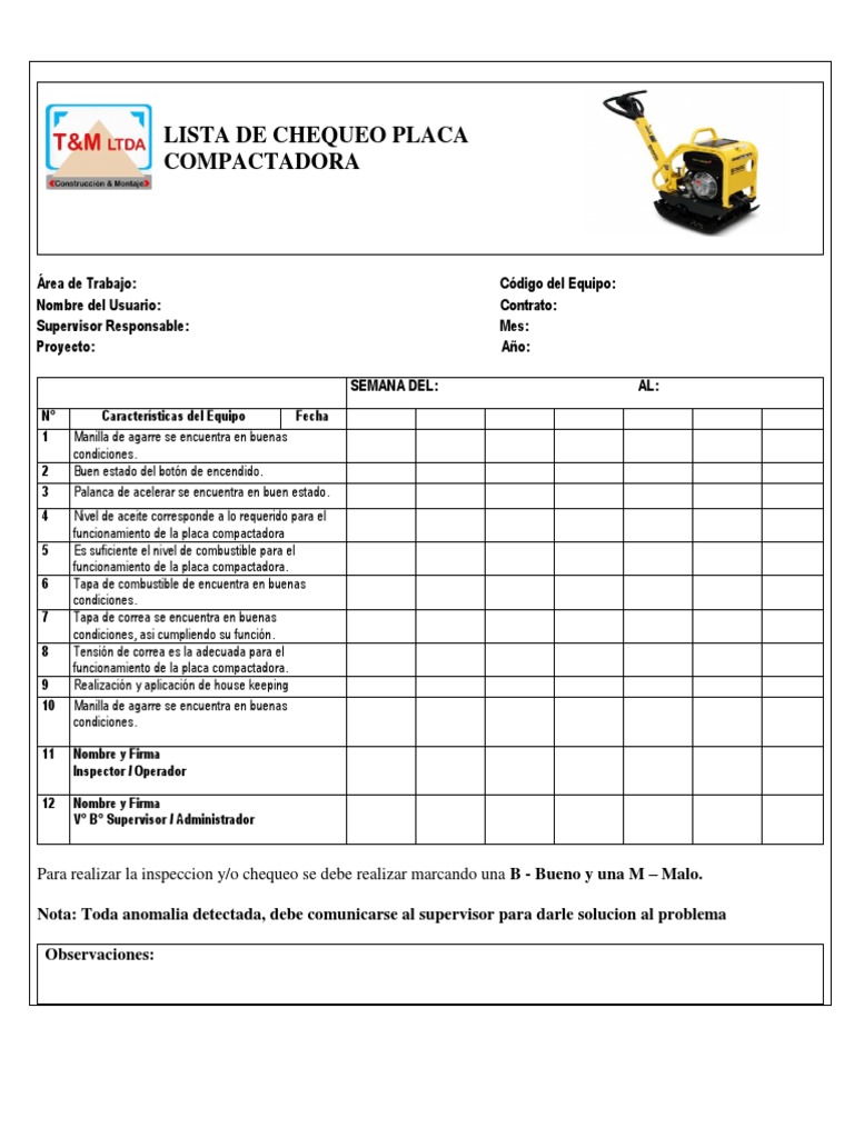 Check List Placa Compactadora PDF | PDF