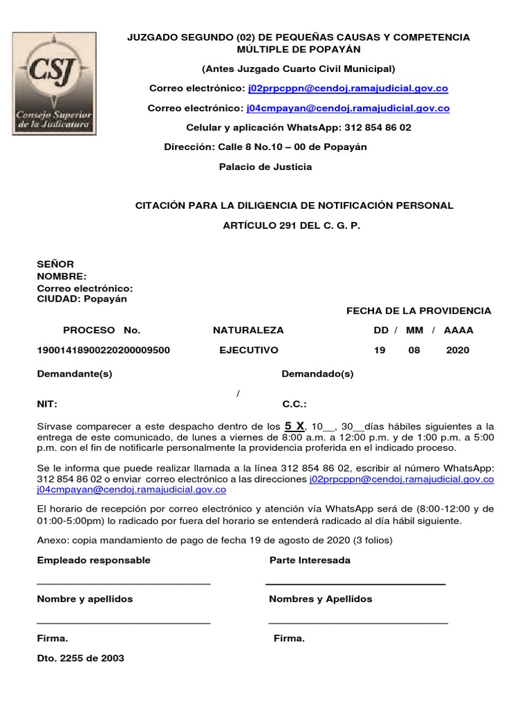 Citatorio Notificacion Personal Artículo 291 Del C. G. P. | PDF Citatorio Notificacion Personal Artículo 291 Del C. G. P. | PDF