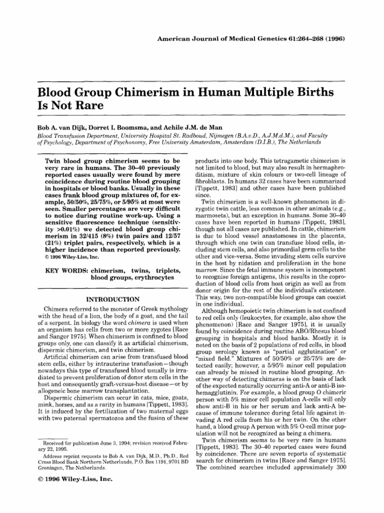 Blood Group Chimerism in Human Multiple Births Is Not Rare | Download ...