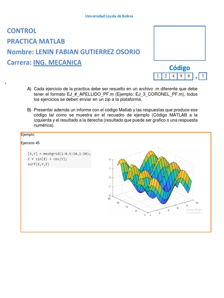 PRACTICA MATLAB LeninFabianGutierrezOsorio 12498-1 | PDF