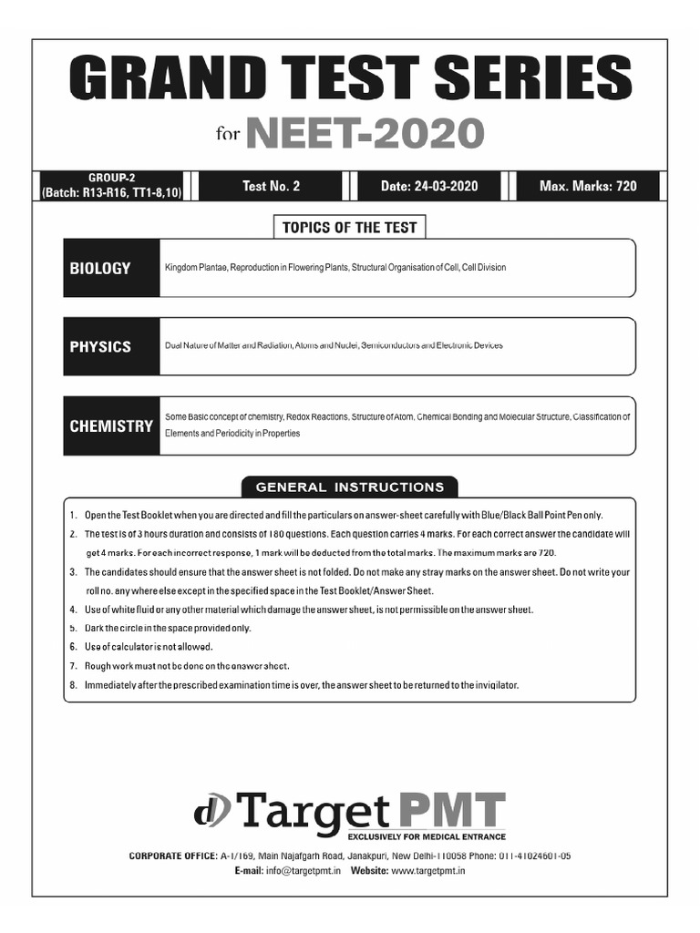 NEET Test Series 1 | PDF | Meiosis | Photoelectric Effect