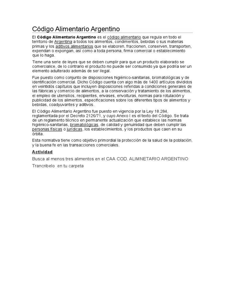 Resumen del Código Alimentario Argentino | PDF | Alimentos | Comida y ...