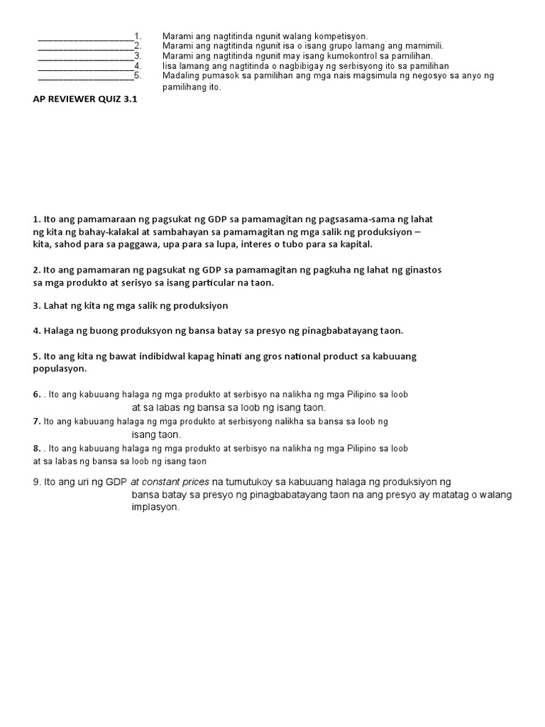 Ap Reviewer Quiz 3.1: at Sa Labas NG Bansa Sa Loob NG Isang Taon. Isang Taon | PDF