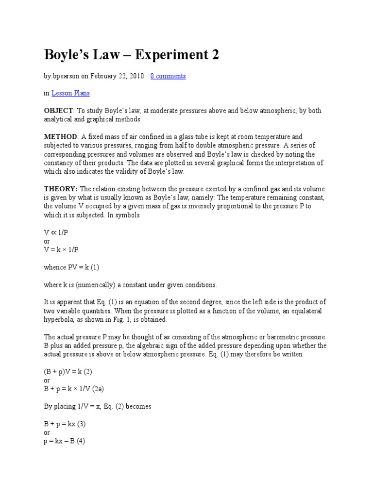 Boyle's Law - Experiment 2: 0 Comments Lesson Plans | PDF | Pressure ...