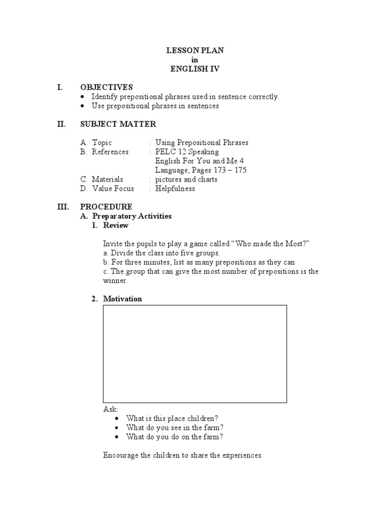 Grade 4 Preposition Lesson Plan | PDF | Preposition And Postposition ...