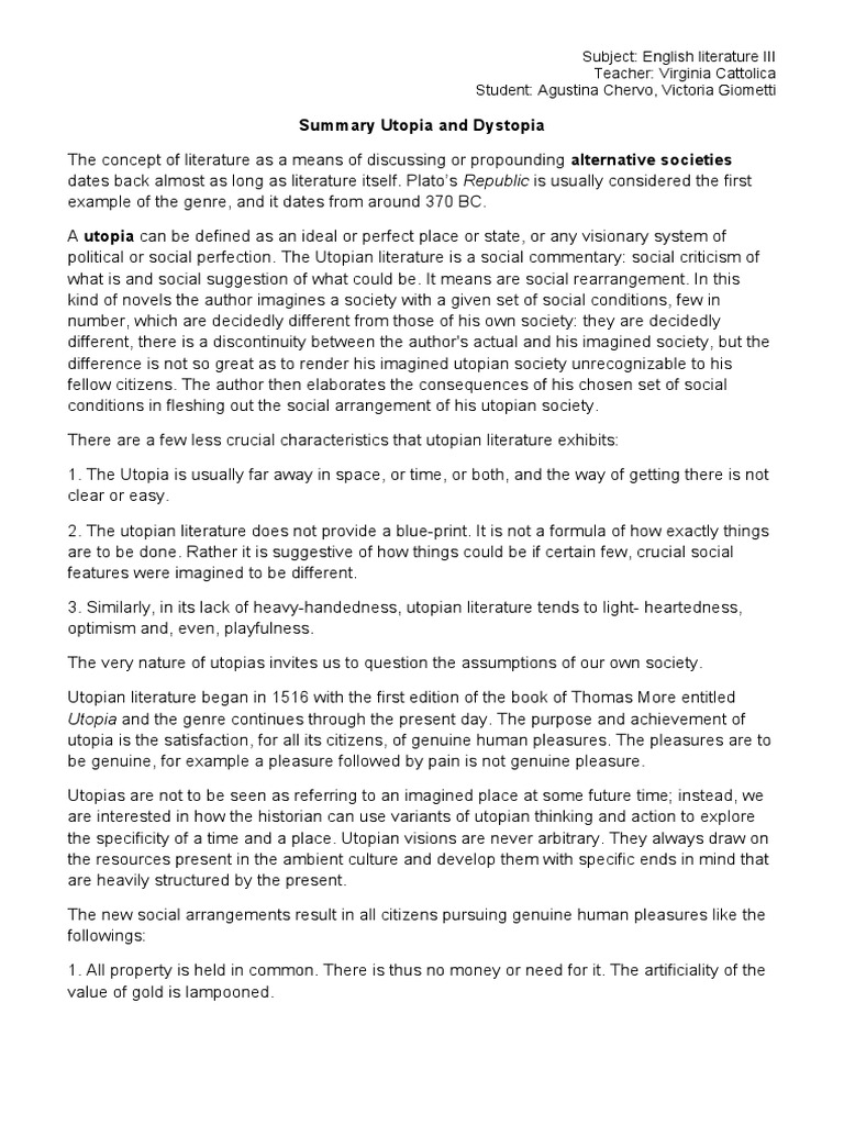 Summary Utopia and Dystopia | PDF | Utopian And Dystopian Fiction | Utopia