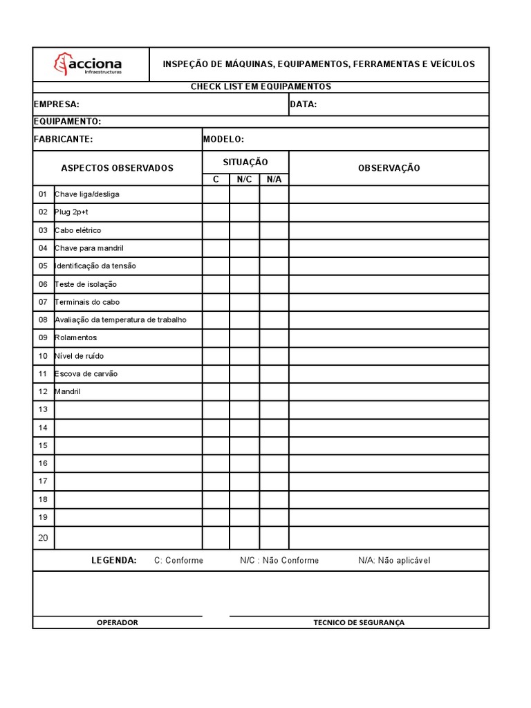 Check List Mensal de Furadeira | PDF
