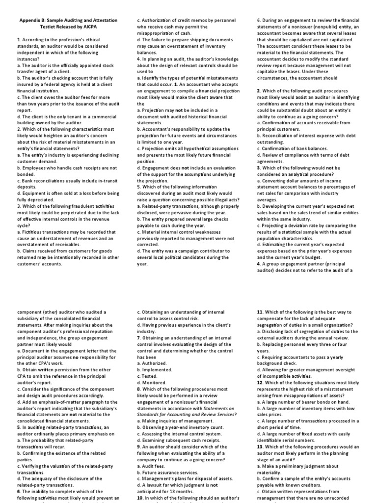Appendix B: Sample Auditing and Attestation Testlet Released by AICPA ...