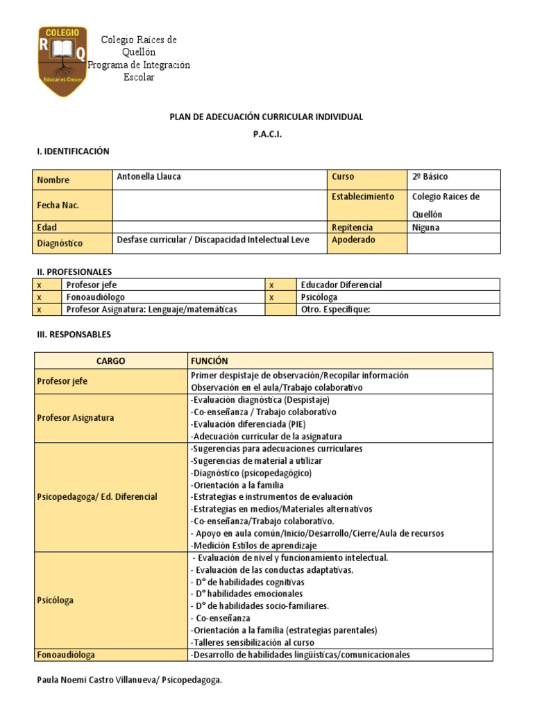 PACI 2° Básico Antonella | PDF | Salón de clases | Maestros