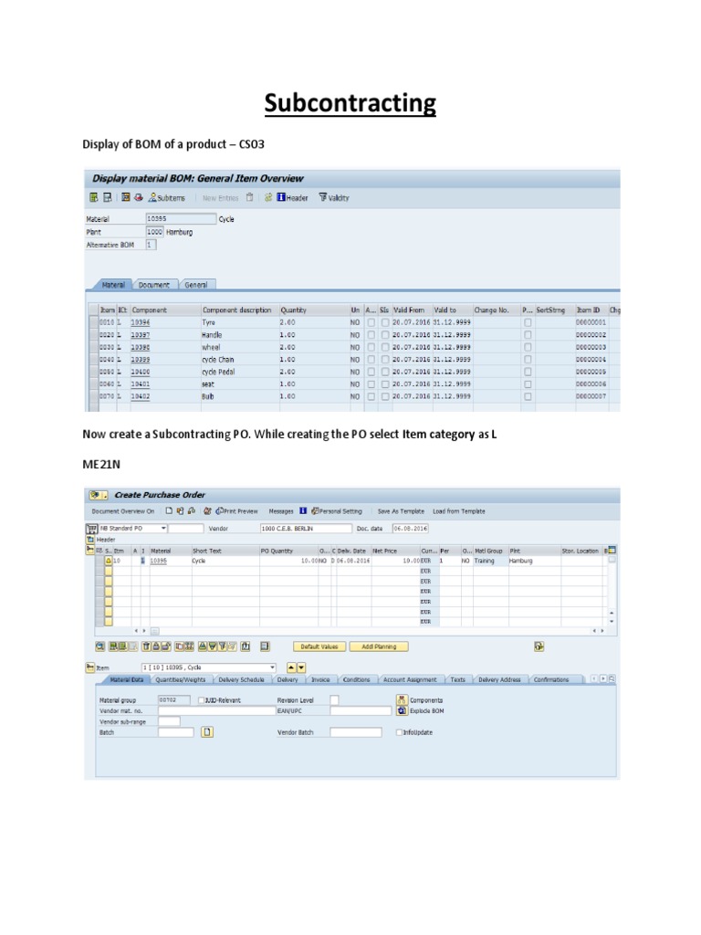 Subcontracting: Display of BOM of A Product - CS03 | PDF