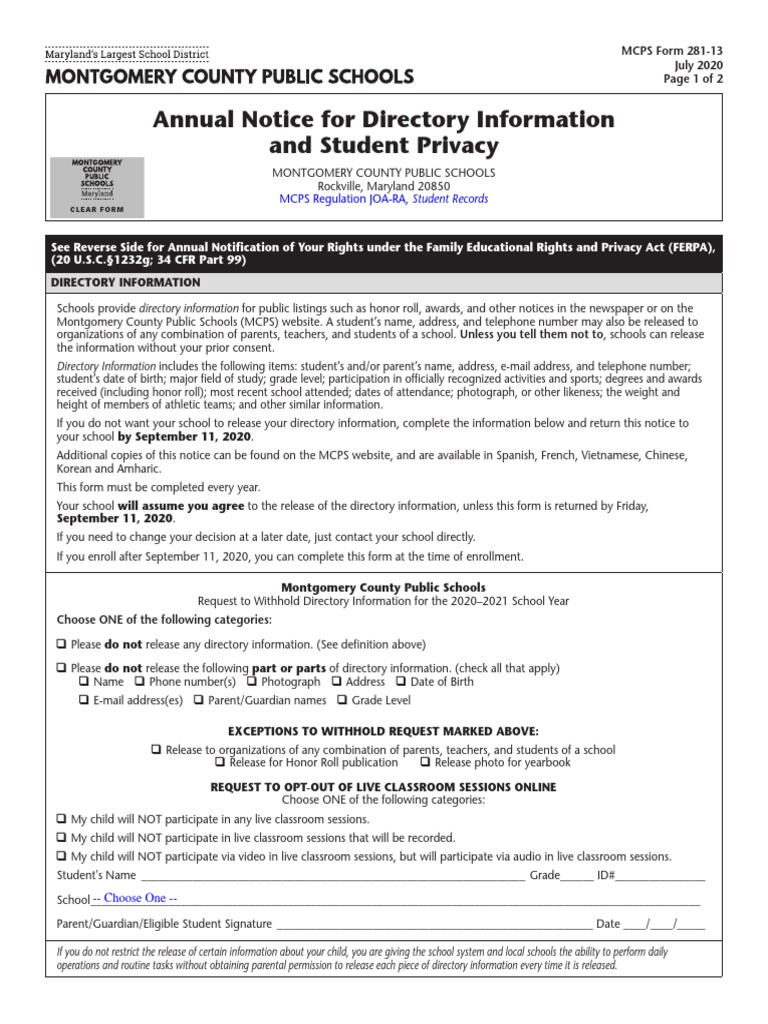 Annual Notice For Directory Information and Student Privacy | PDF ...