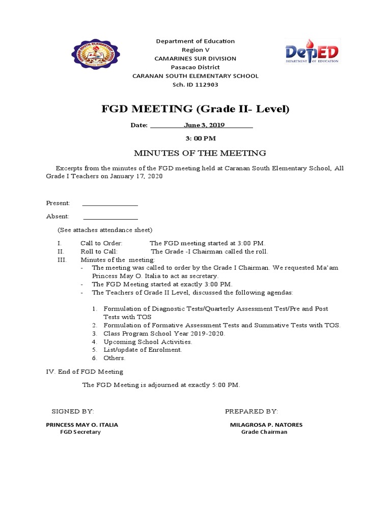 FGD MEETING (Grade II-Level) : Minutes of The Meeting | PDF | Teaching ...