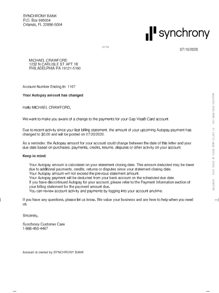 Synchrony Bank letter informing customer of changed Autopay amount | PDF