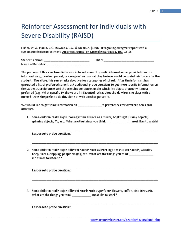 RAISD Reinforcer Assessment Form | PDF | Stimulus (Physiology ...