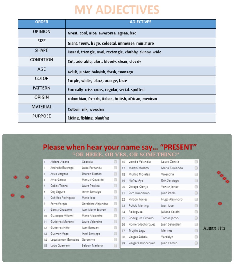 My Adjectives: Opinion Size Shape Condition AGE Color Pattern Origin ...