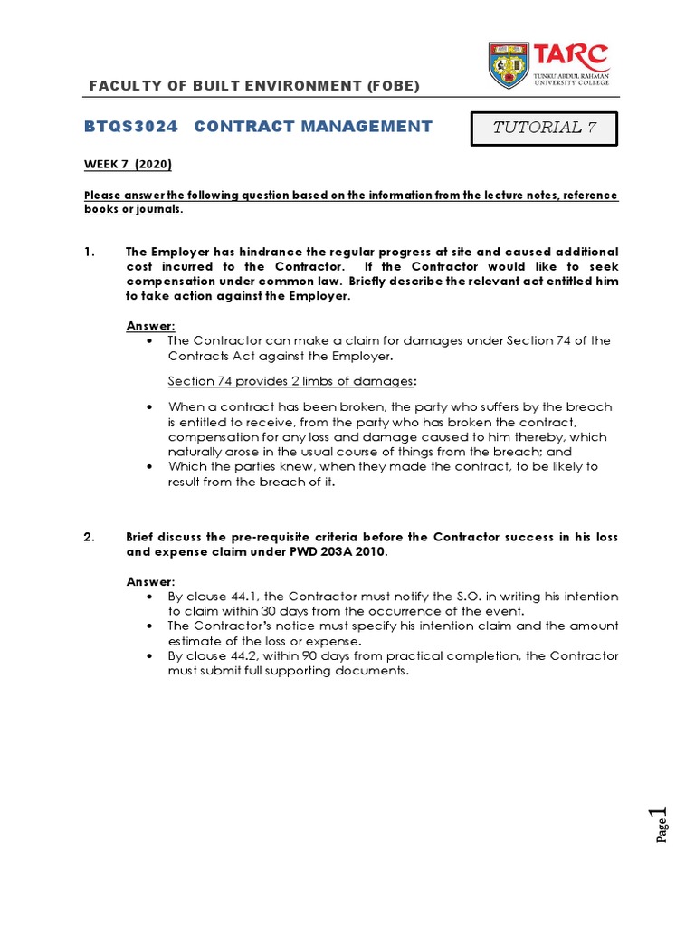 Tutorial 7 Answer | PDF | Damages | Breach Of Contract
