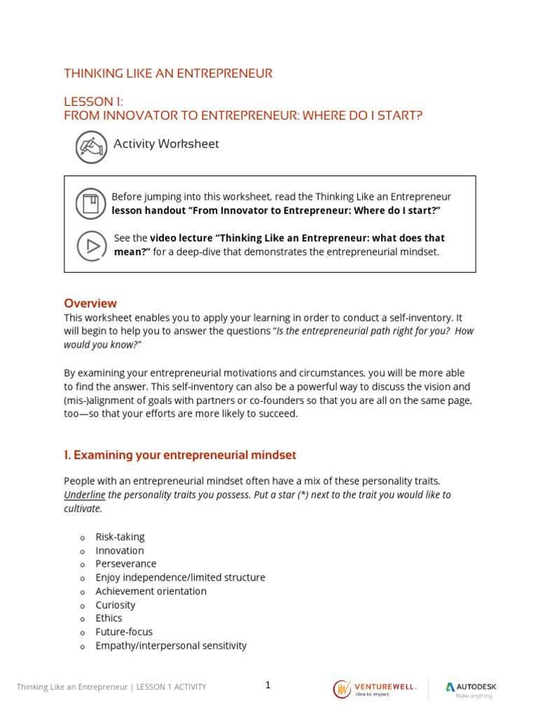 Activity Worksheet: Thinking Like An Entrepreneur Lesson 1: From ...