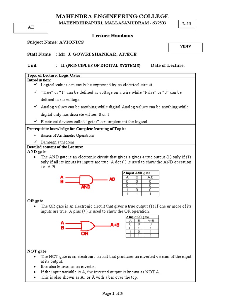 Avionics Lecture Handouts (L-13) | PDF | Logic Gate | Electronic Circuits
