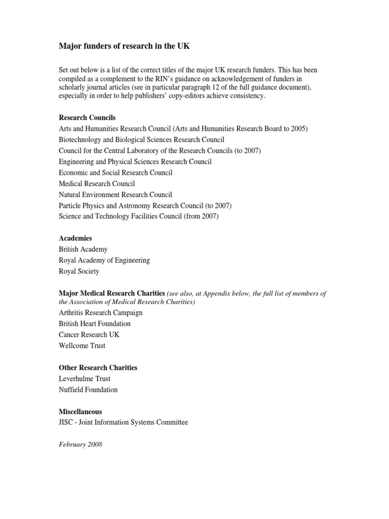 Major UK Research Funders List | PDF | Cancer | Health Sciences