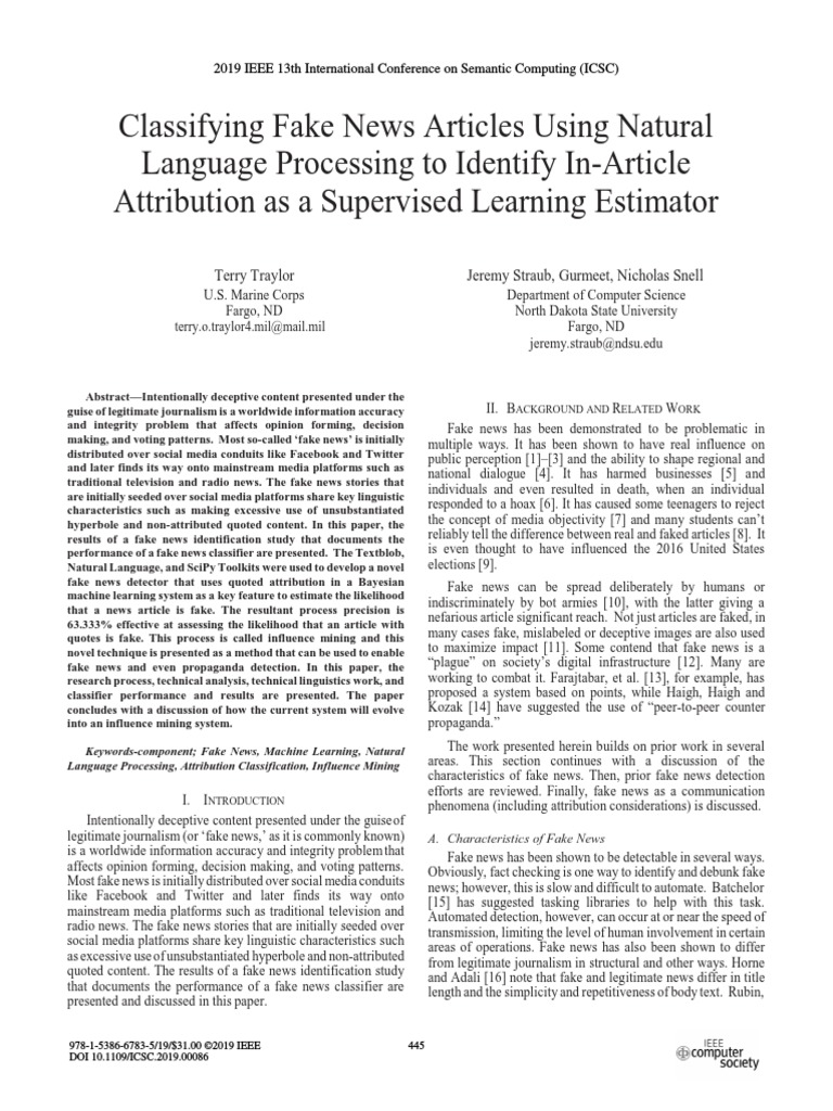 Classifying Fake News Articles Using Natural Language Processing To