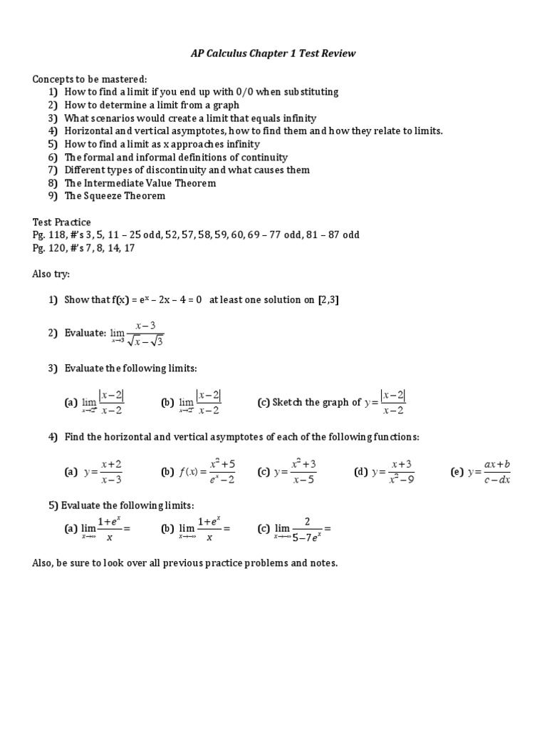 AP Calculus Chapter 1 Test Review | PDF