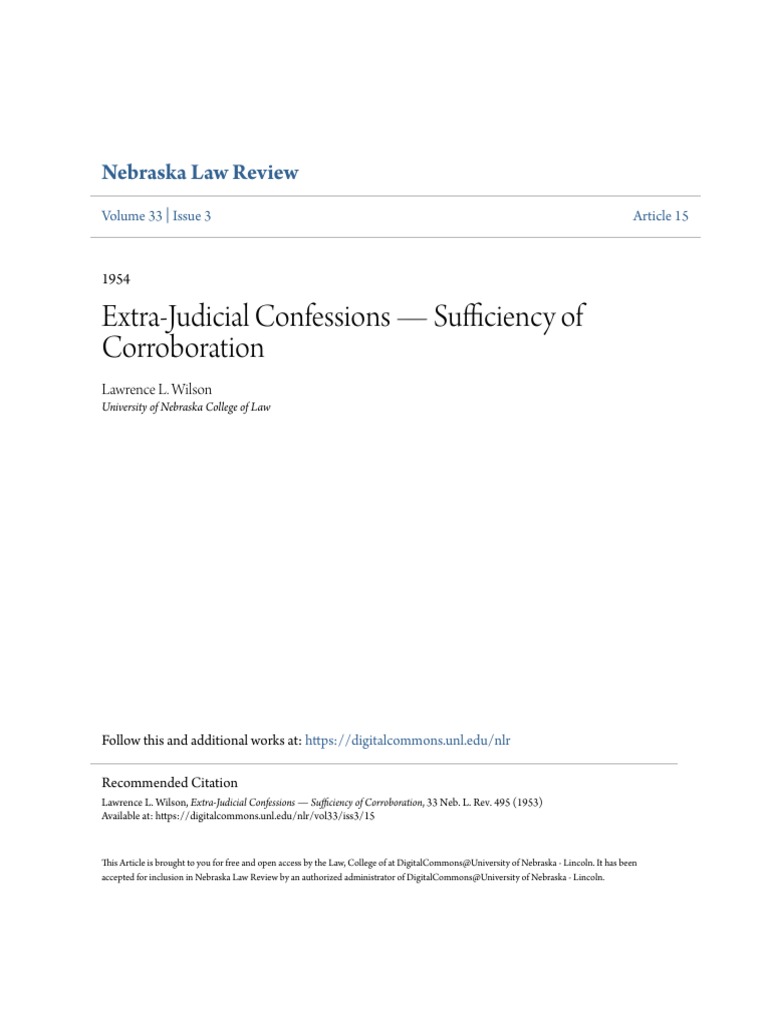 Extra-Judicial Confessions - Sufficiency of Corroboration: Nebraska Law ...