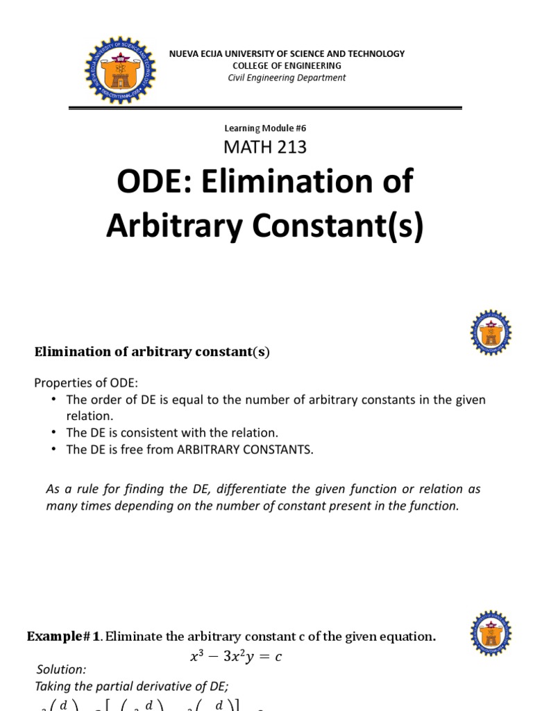 ODE: Elimination of Arbitrary Constant(s) : MATH 213 | PDF | Ordinary Differential Equation ...