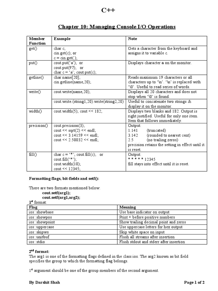 Chapter 10: Managing Console I/O Operations: Member Function Example Note | PDF | Computer ...