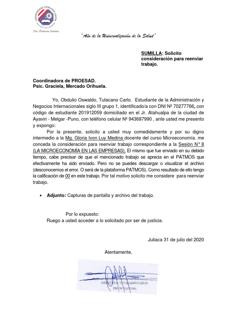 Solicitud Obdulio UPEU | PDF