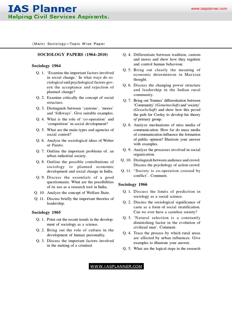 SOCIOLOGY PAPERS (1964-2010) : (Main) Sociology-Topic Wise Paper | PDF ...
