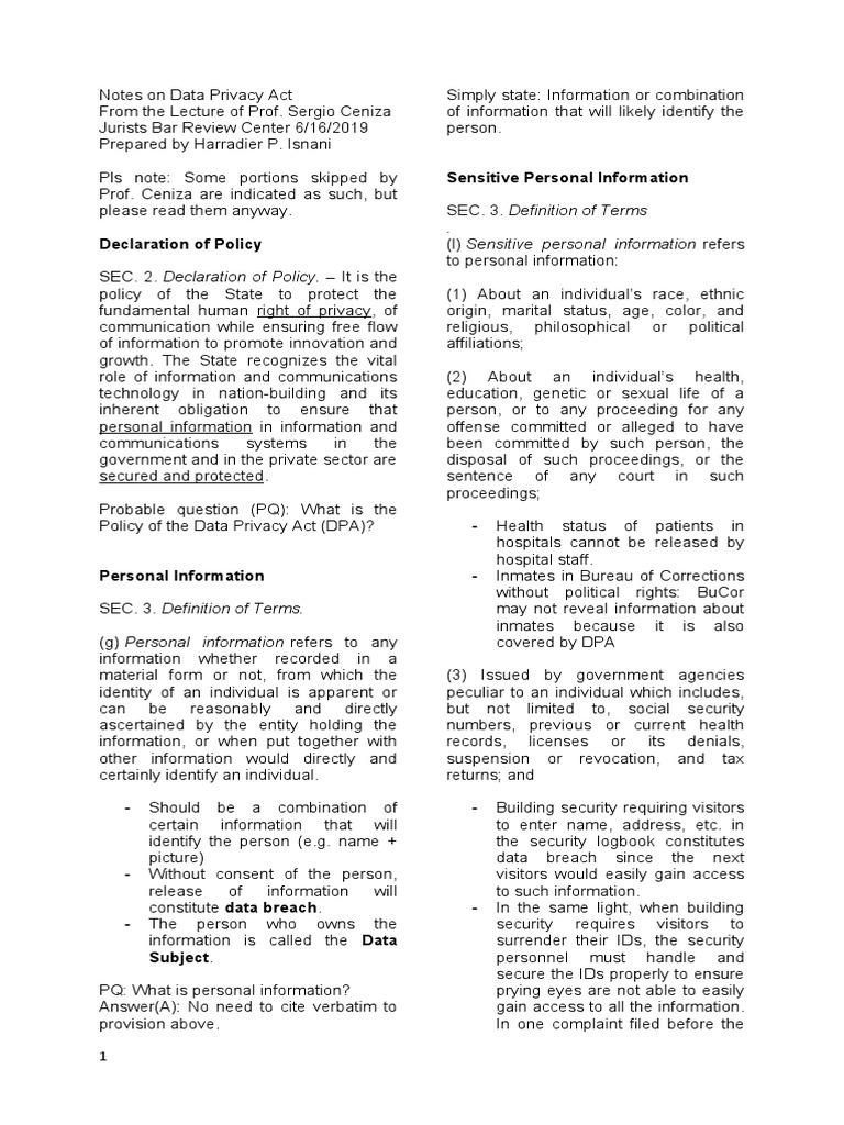 Notes On Data Privacy Act | PDF | Social Institutions | Social Science