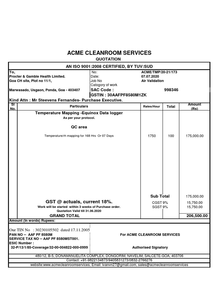 Budgetary Quote - Temperature and RH Mapping Quality Control | PDF