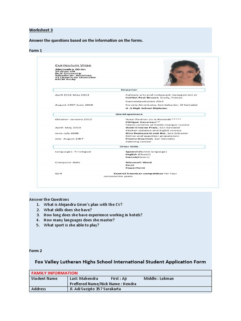 Worksheet 3 Answer The Questions Based On The Information On The Forms ...