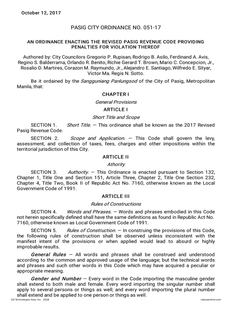 2017-An Ordinance Enacting The Revised Pasig Revenue Code | PDF ...