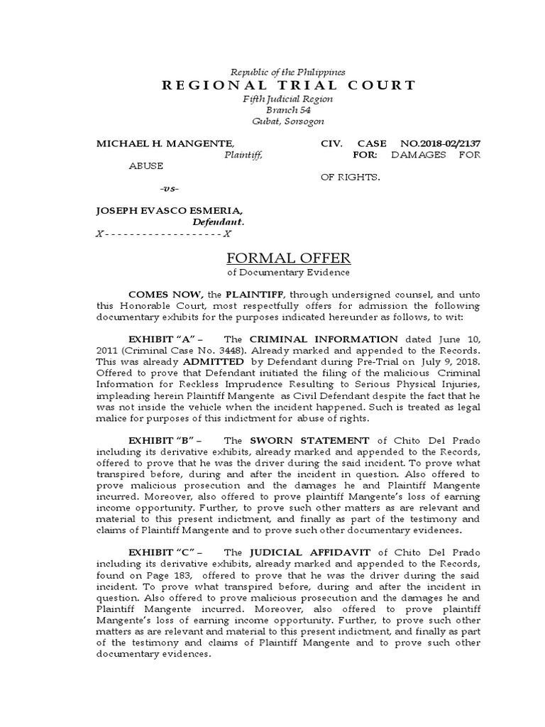 Formal Offer of Evidence | PDF | Evidence | Malicious Prosecution