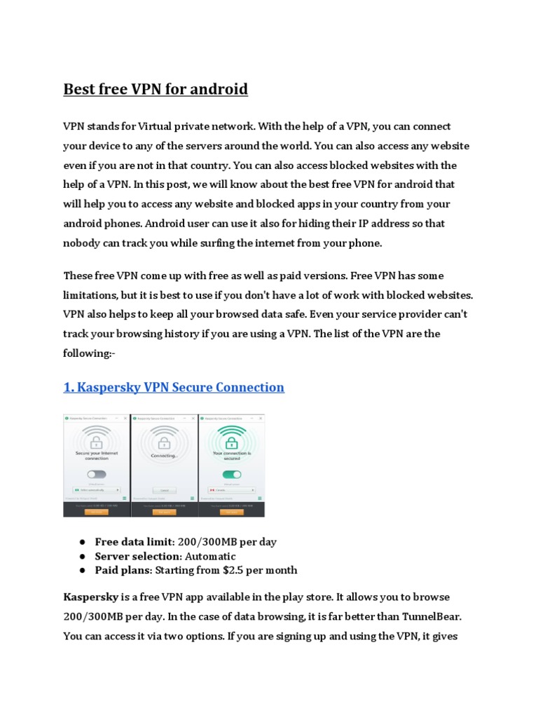 Best Free VPN For Android: 1. Kaspersky VPN Secure Connection | PDF ...
