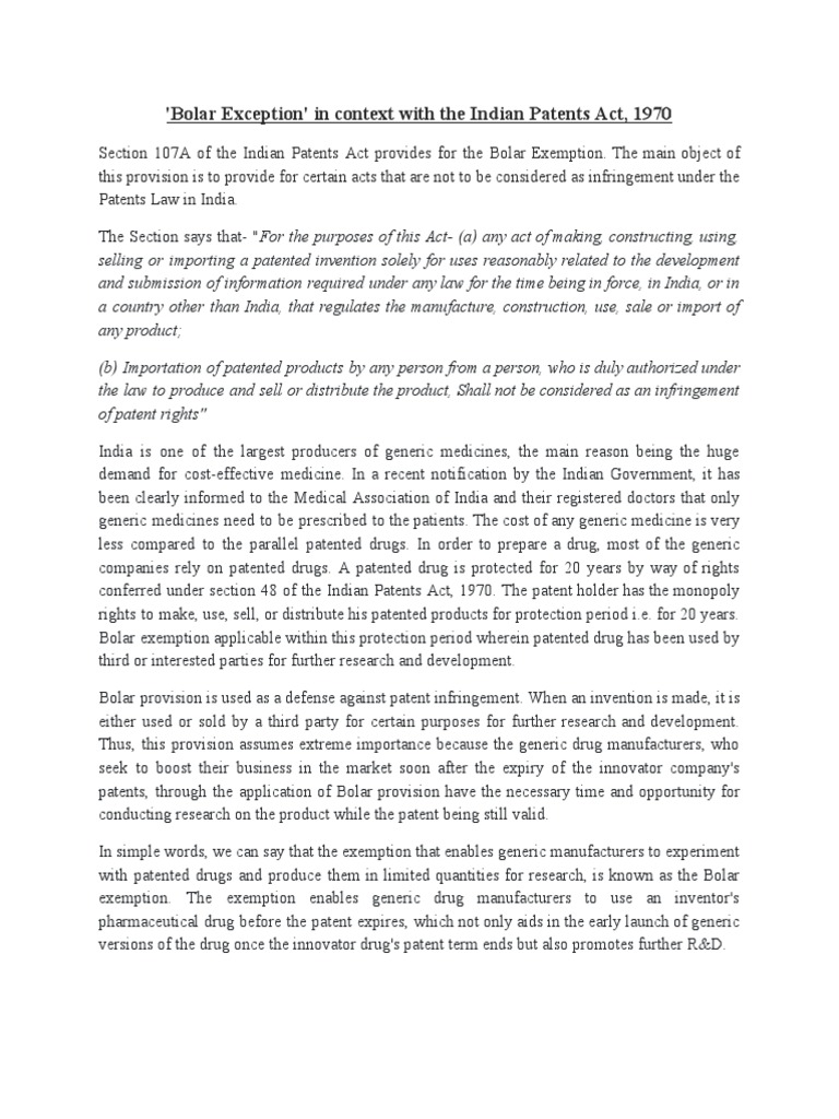 'Bolar Exception' in Context With The Indian Patents Act, 1970 | PDF ...