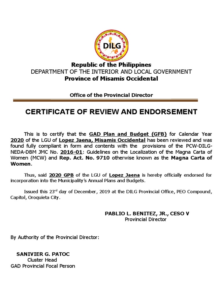 2020 Certificate of Review and Endorsement Template - Lopez Jaena | PDF
