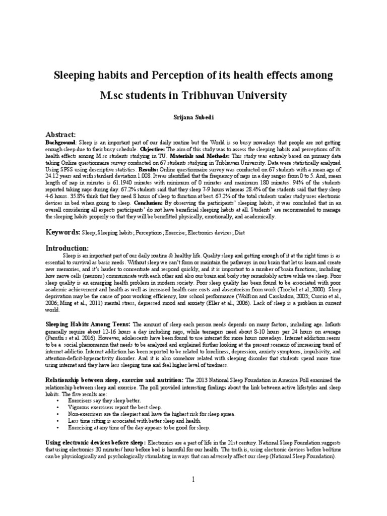 Sleeping Habits and Perception of Its Health Effects Among M.SC ...