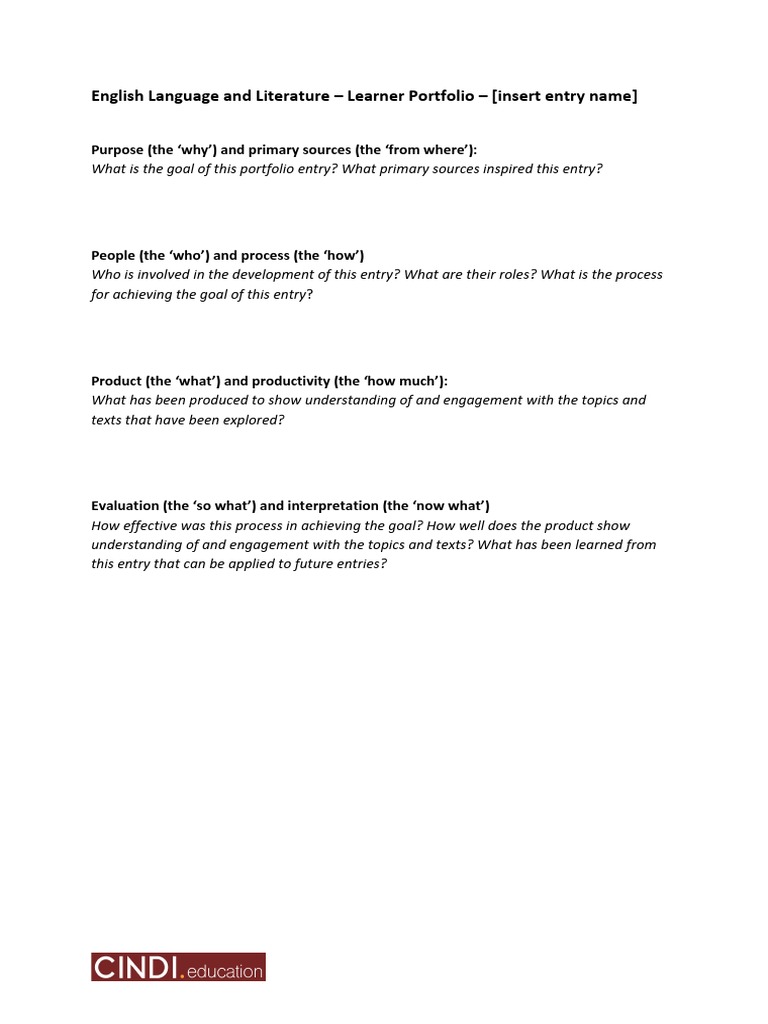 English Language and Literature - Learner Portfolio - (Insert Entry ...