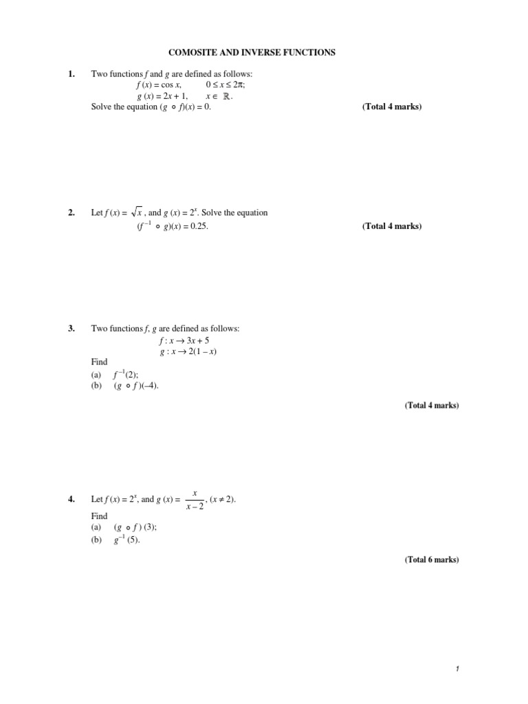 Composite and Inverse Functions Worksheet | PDF | Function (Mathematics ...
