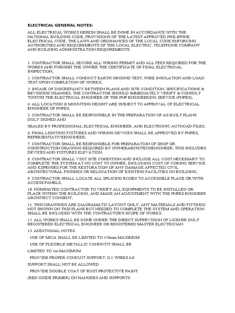 Electrical General Notes | PDF | Plumbing | Wall