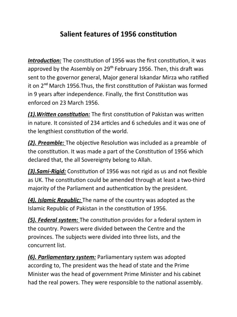 Key features of Pakistan's 1956 constitution | PDF | Constitution ...
