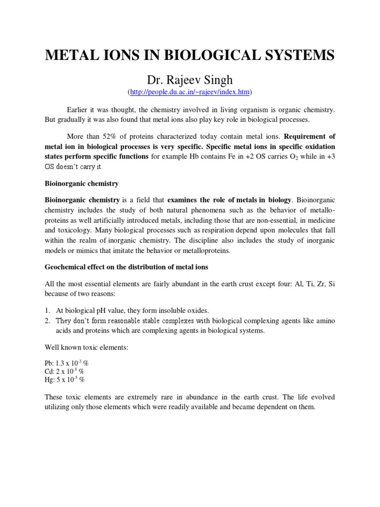 Metal Ions in Biological Systems PDF | PDF | Bioinorganic Chemistry | Iron