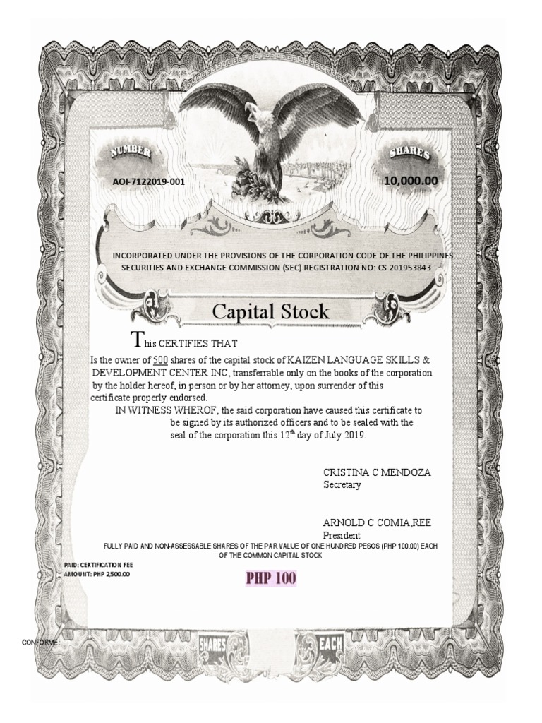 BWCapital Stock Certificate Sample | PDF
